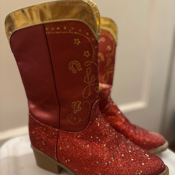 Disney | Shoes | Disney Jessie Red And Gold Glitter Boots | Poshmark